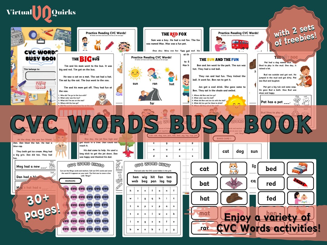 CVC Words Busy Book Printable Flashcards Phonics Word Hunt Puzzle Bingo ...