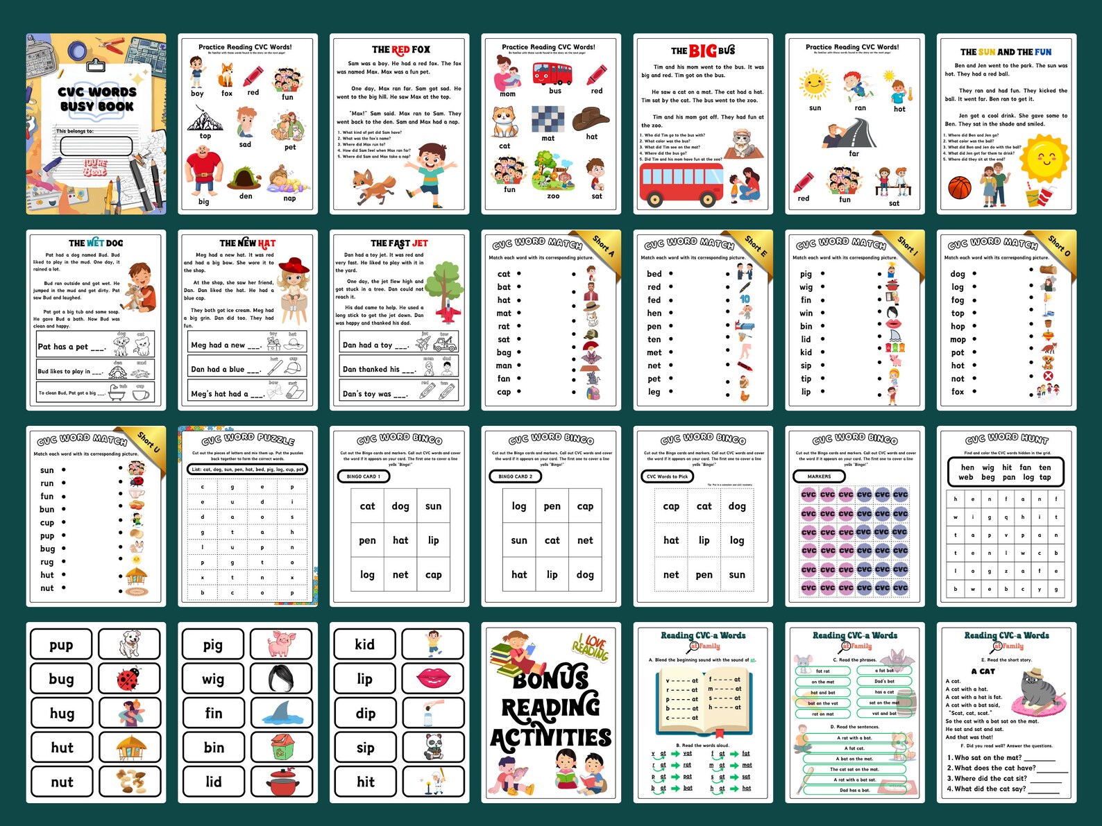 CVC Words Busy Book Printable Flashcards Phonics Word Hunt Puzzle Bingo ...