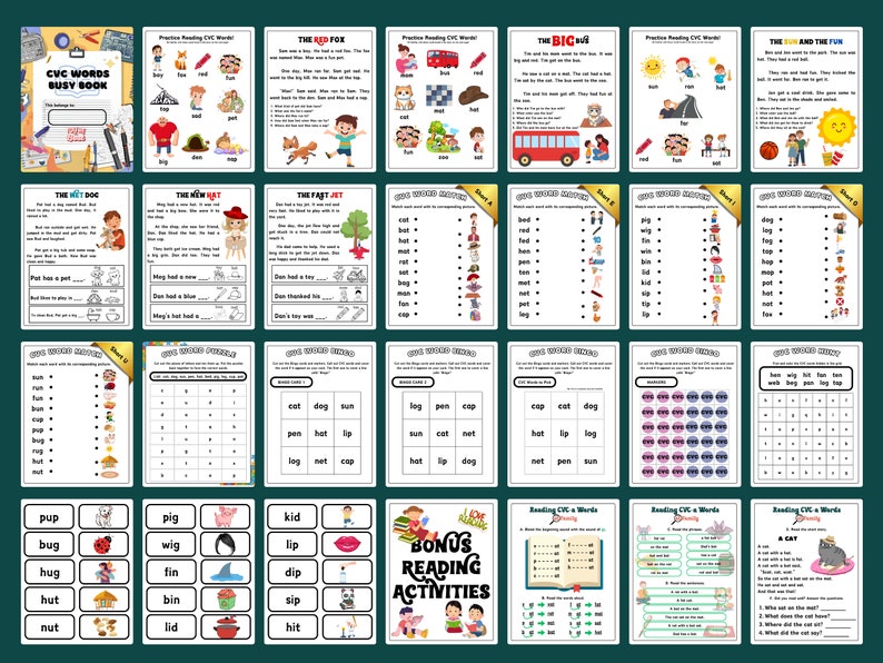 CVC Words Busy Book Printable Flashcards Phonics Word Hunt Puzzle Bingo ...