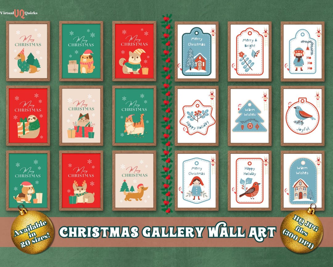 Christmas Gallery Wall Art Printable Holiday Prints Animals Red & Cyan ...
