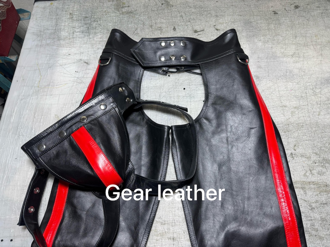 Black Leather Chaps With Red Strips Men Genuine Cow Leather Motorcycle ...