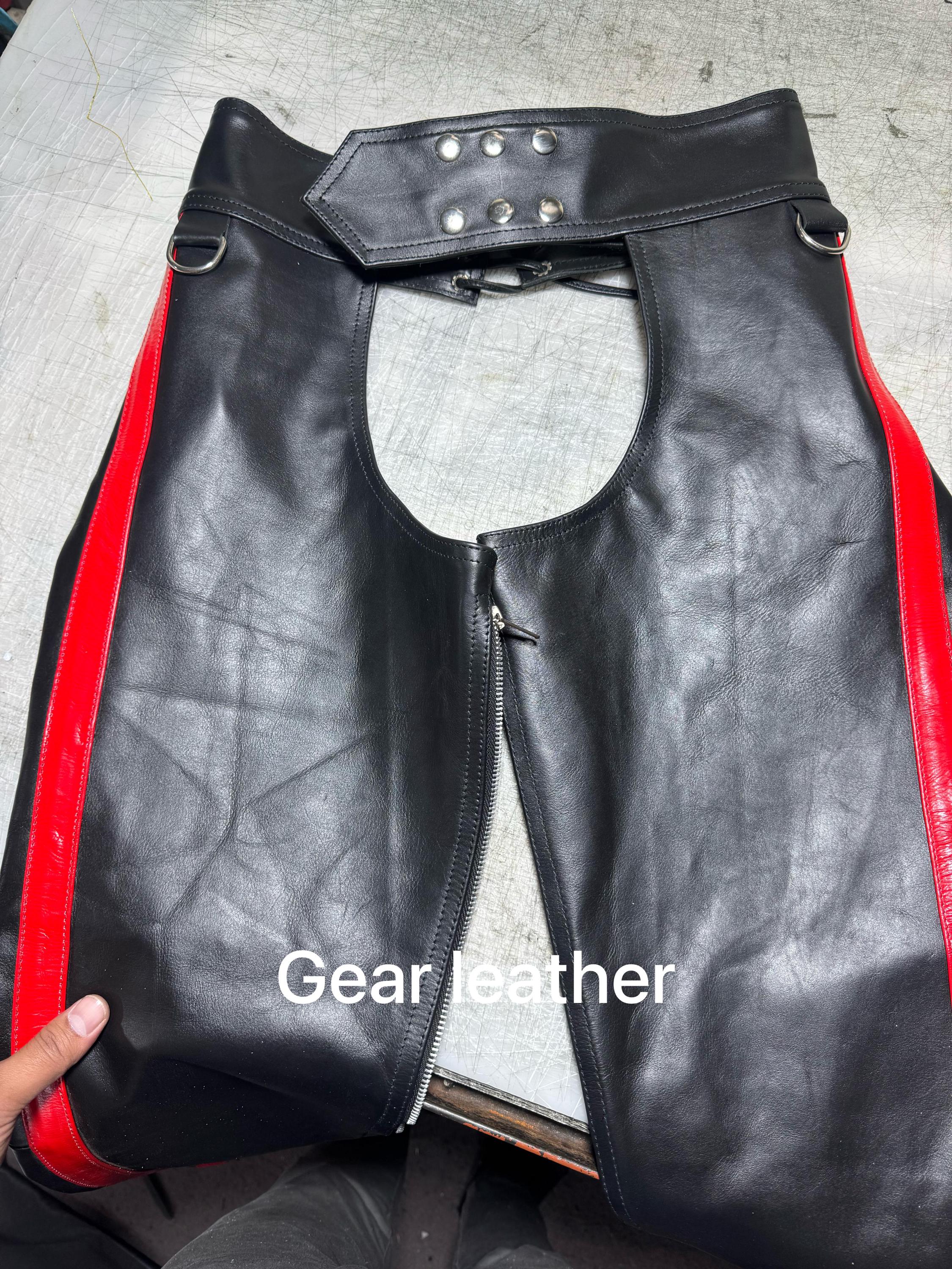 Black Leather Chaps With Red Strips Men Genuine Cow Leather Motorcycle ...