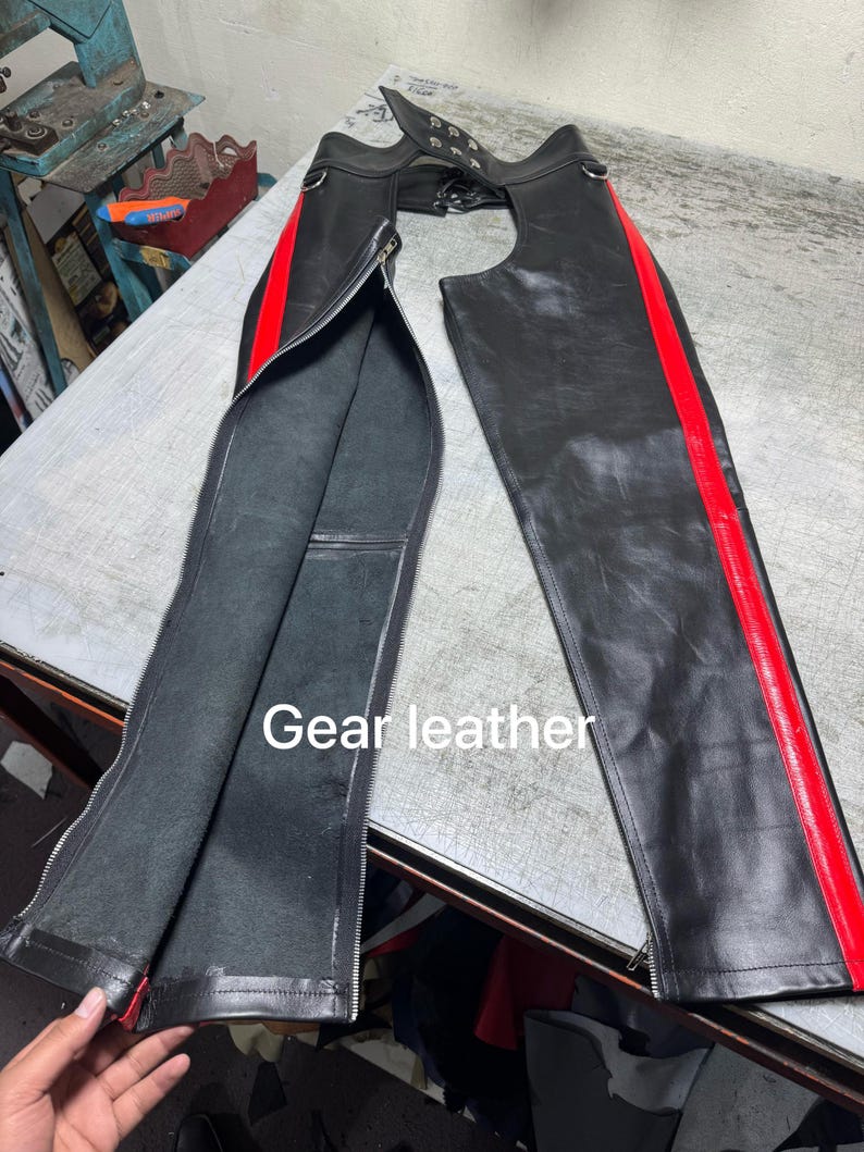Black Leather Chaps With Red Strips Men Genuine Cow Leather Motorcycle ...