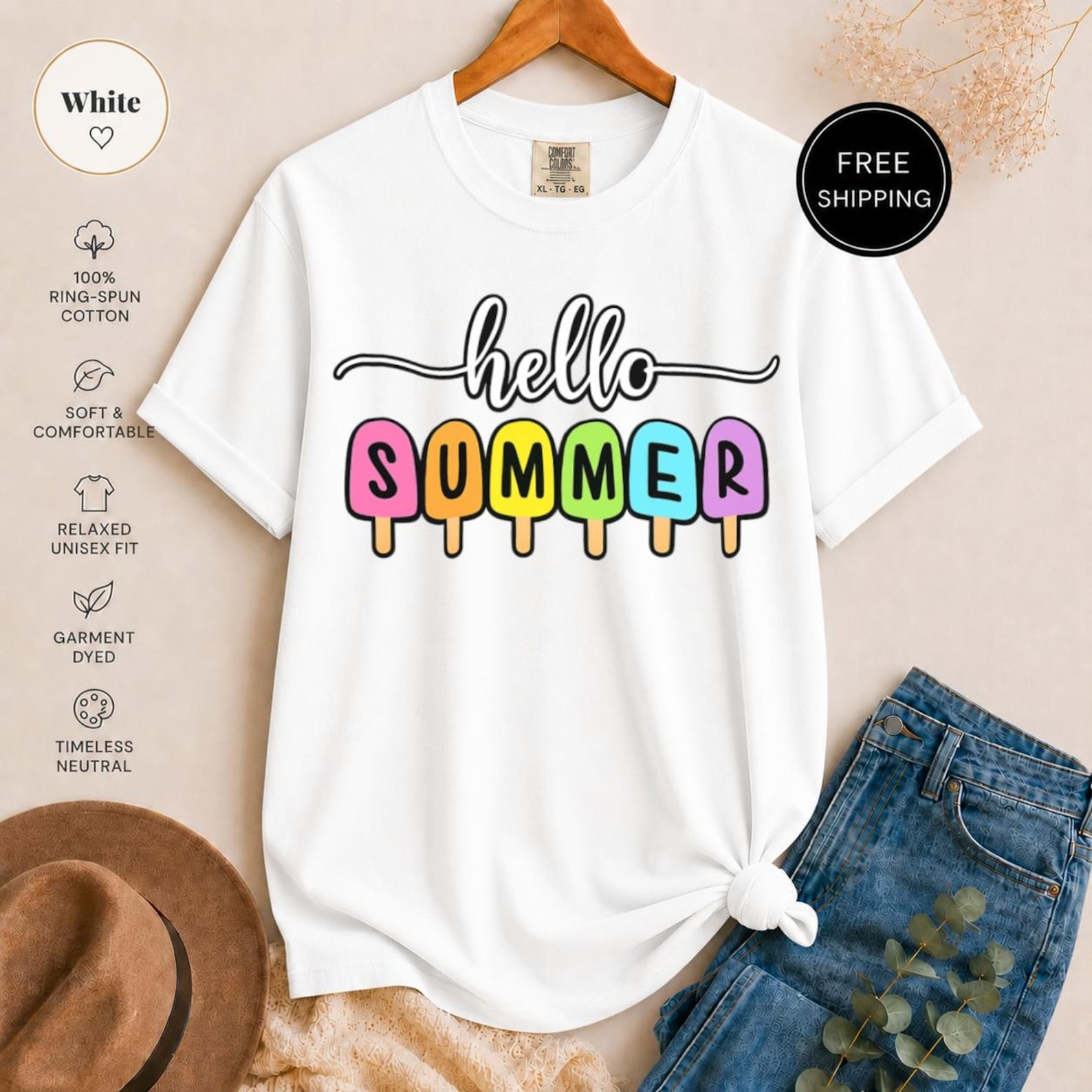 Hello Summer Shirt, Popsicle Graphic Tee, Beach Vacation Cotton Apparel ...