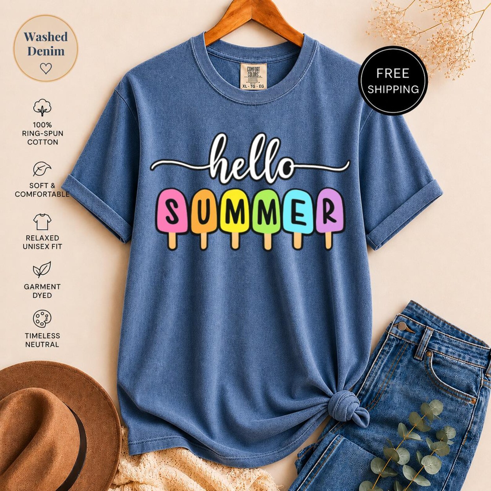 Hello Summer Shirt, Popsicle Graphic Tee, Beach Vacation Cotton Apparel ...