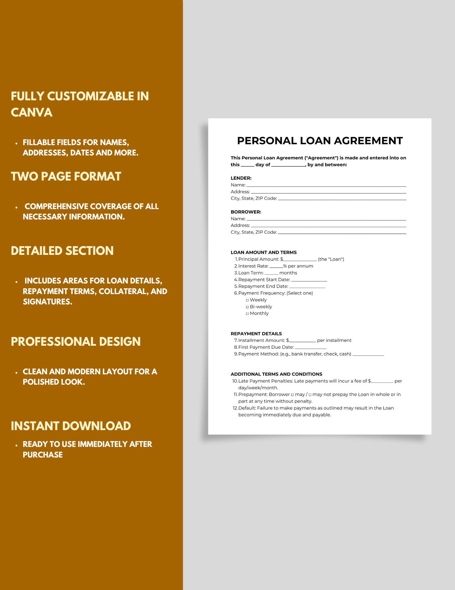 Personal Loan Agreement Form, Loan Contract Template, Lending Contract ...