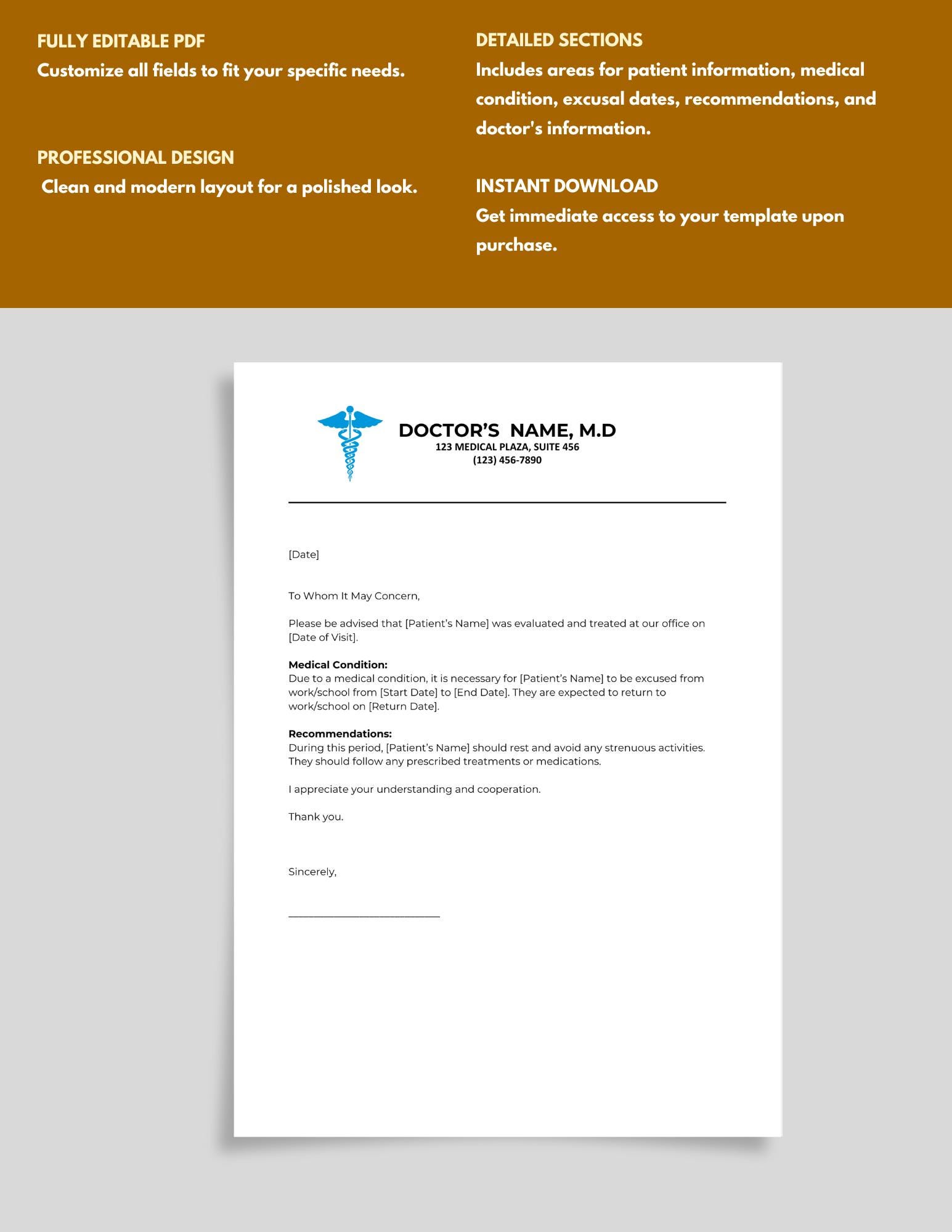 Doctor Excuse Note Template, Editable Doctor Note for School or Work ...
