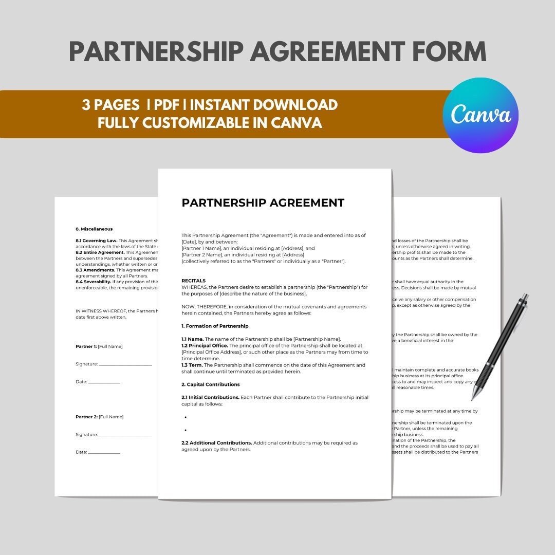 Partnership Agreement Template Form, Business Partner Contract ...