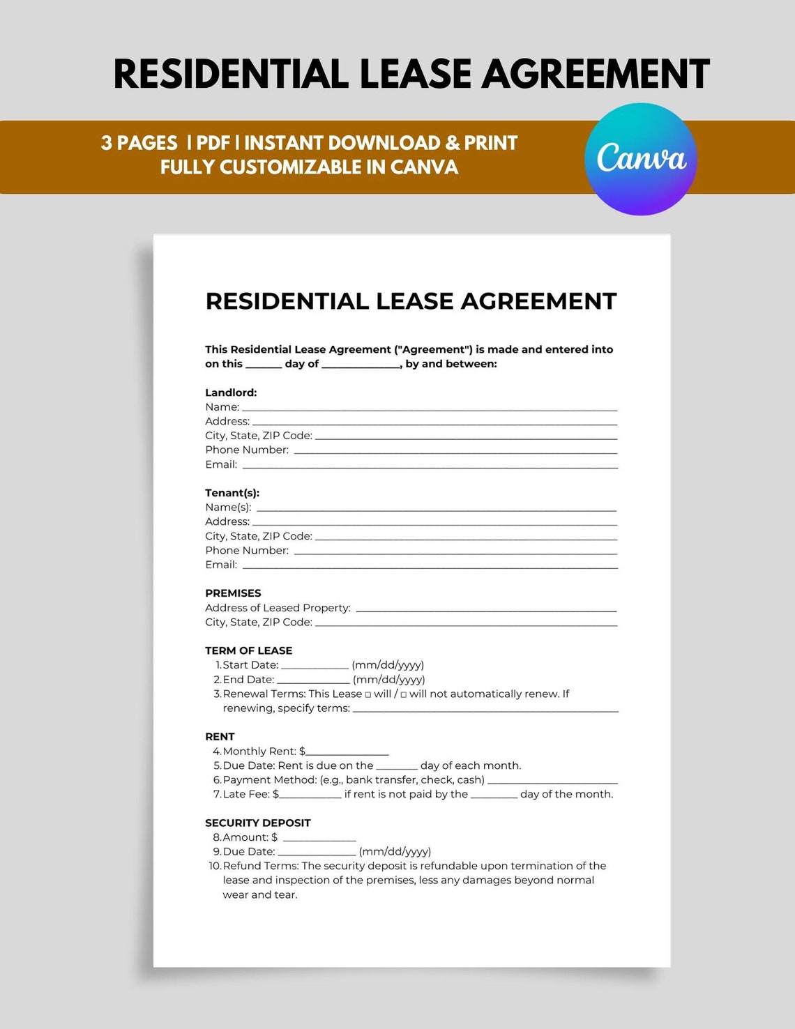 Residential Lease Agreement, Rental Agreement Form, Lease Contract ...