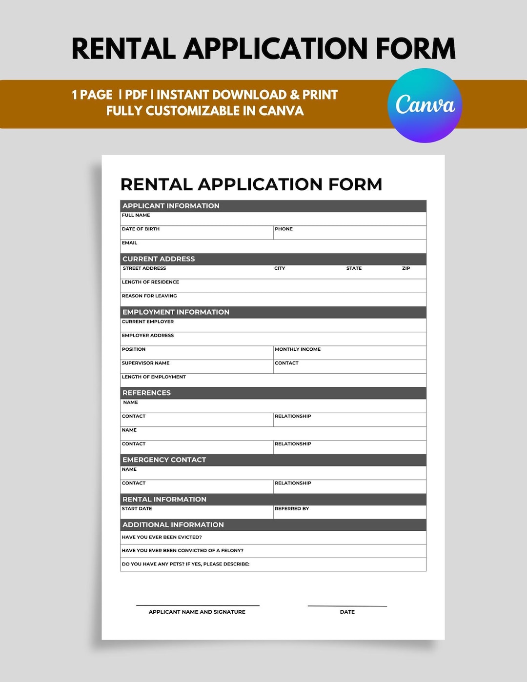 Rental Application Form, Printable Application Form Template, Landlord ...