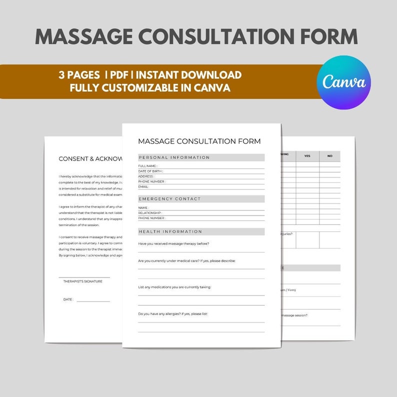 Massage Therapist Consultation Form, Consent Form, Client Information ...