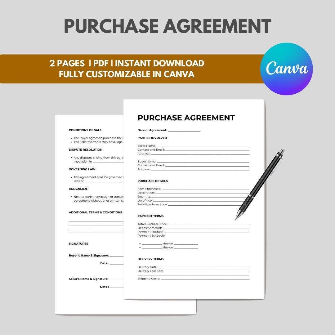 Purchase Agreement Form, Purchase Contract Template, Sale Agreement ...