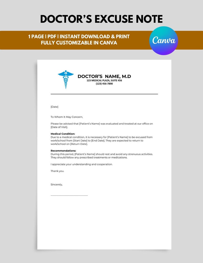 Doctor Excuse Note Template, Editable Doctor Note for School or Work ...
