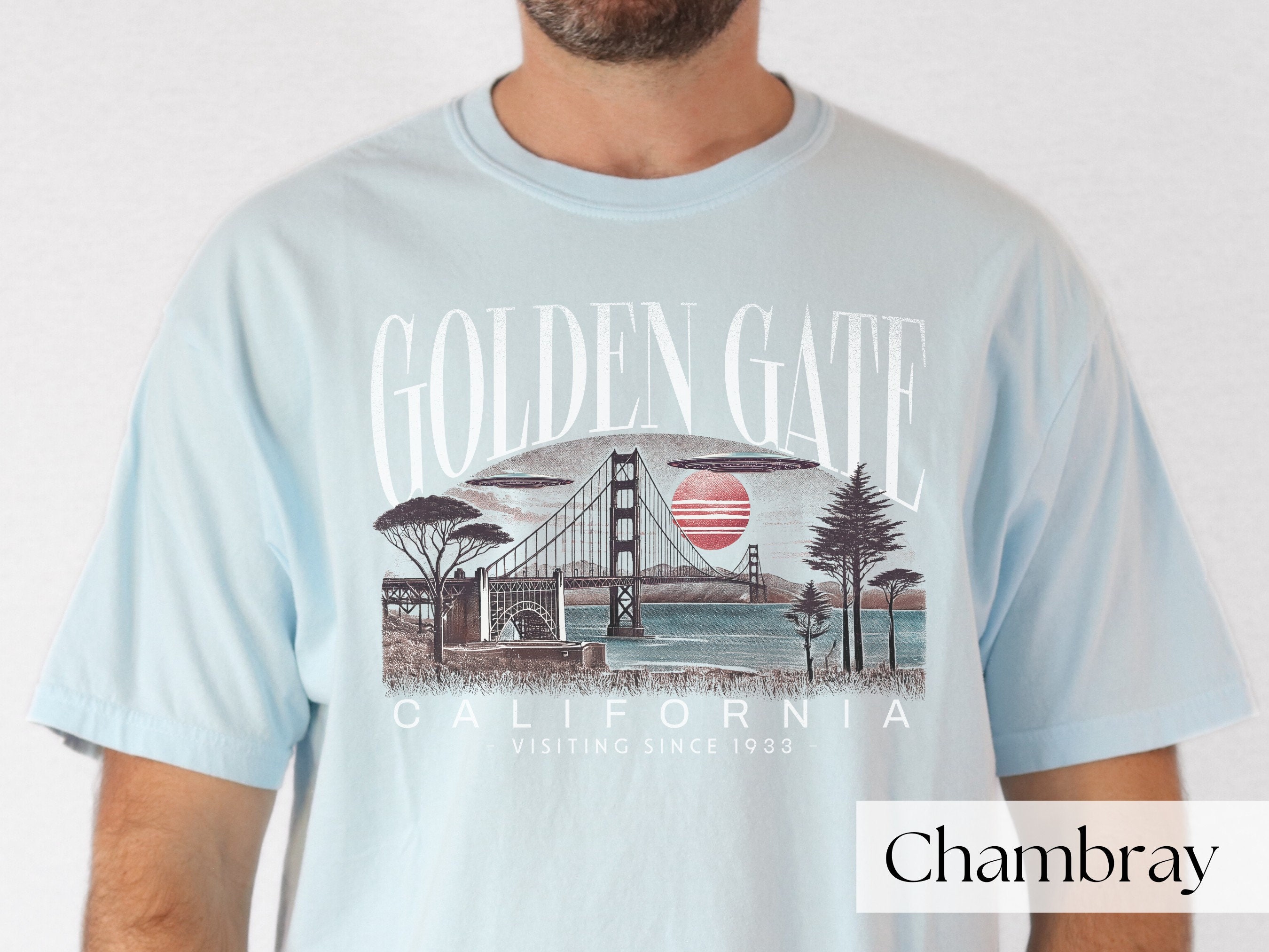 Male Golden Gate Bridge T-shirt, Flying Saucer Shirt, Retro Sunset ...