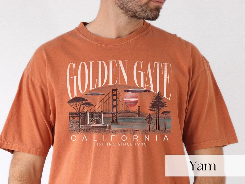 Male Golden Gate Bridge T-shirt, Flying Saucer Shirt, Retro Sunset ...