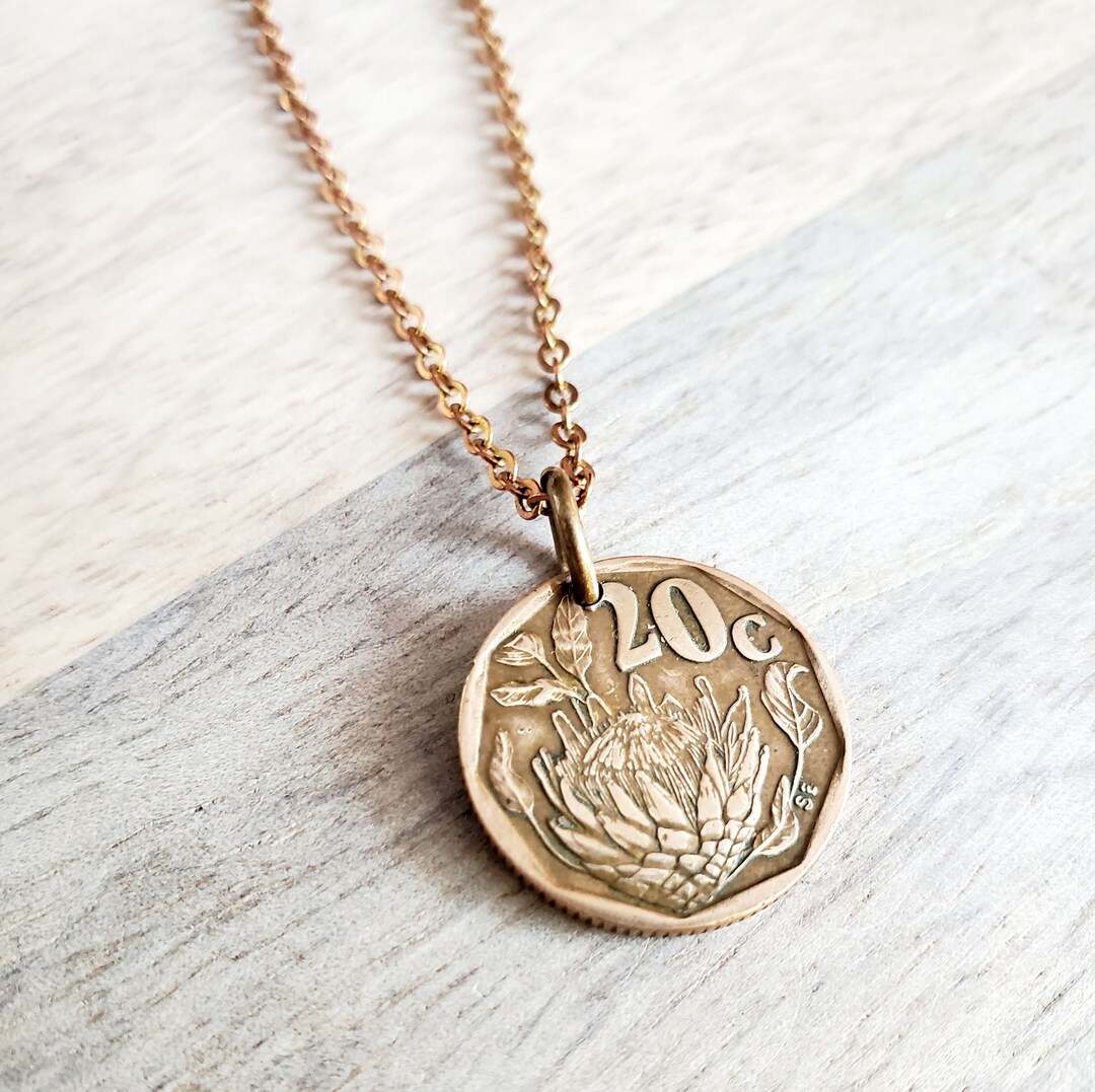 1997 South Africa 20 Cent Protea Flower, Brass Cable Chain, Birthday ...