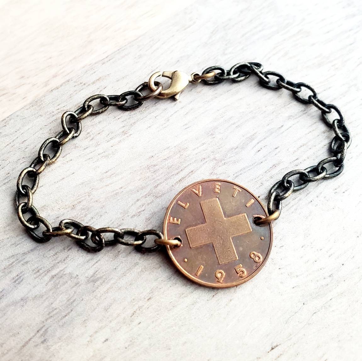 Swiss Cross Bracelet, 1948, 1955 or 1958 Switzerland Coin Swiss Cross Bracelet, 1948, 1955 or 1958 Switzerland Coin