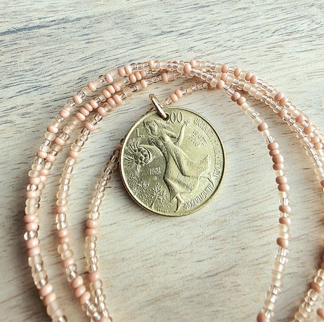 1981 Italy Coin Necklace, Mixed Peach Glass Bead Chain, 14K Gold Filled ...