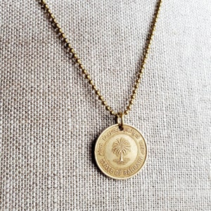 State of Bahrain Brass Palm Tree Coin Necklace, Ball Chain, Tropical ...