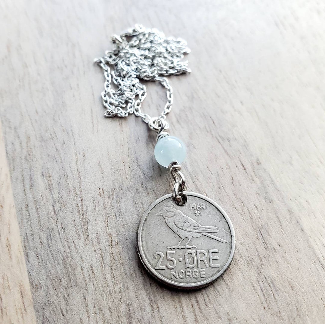 1969 Norway Bird Coin, 25 Ore Norge, Genuine Aquamarine Bead .925 ...