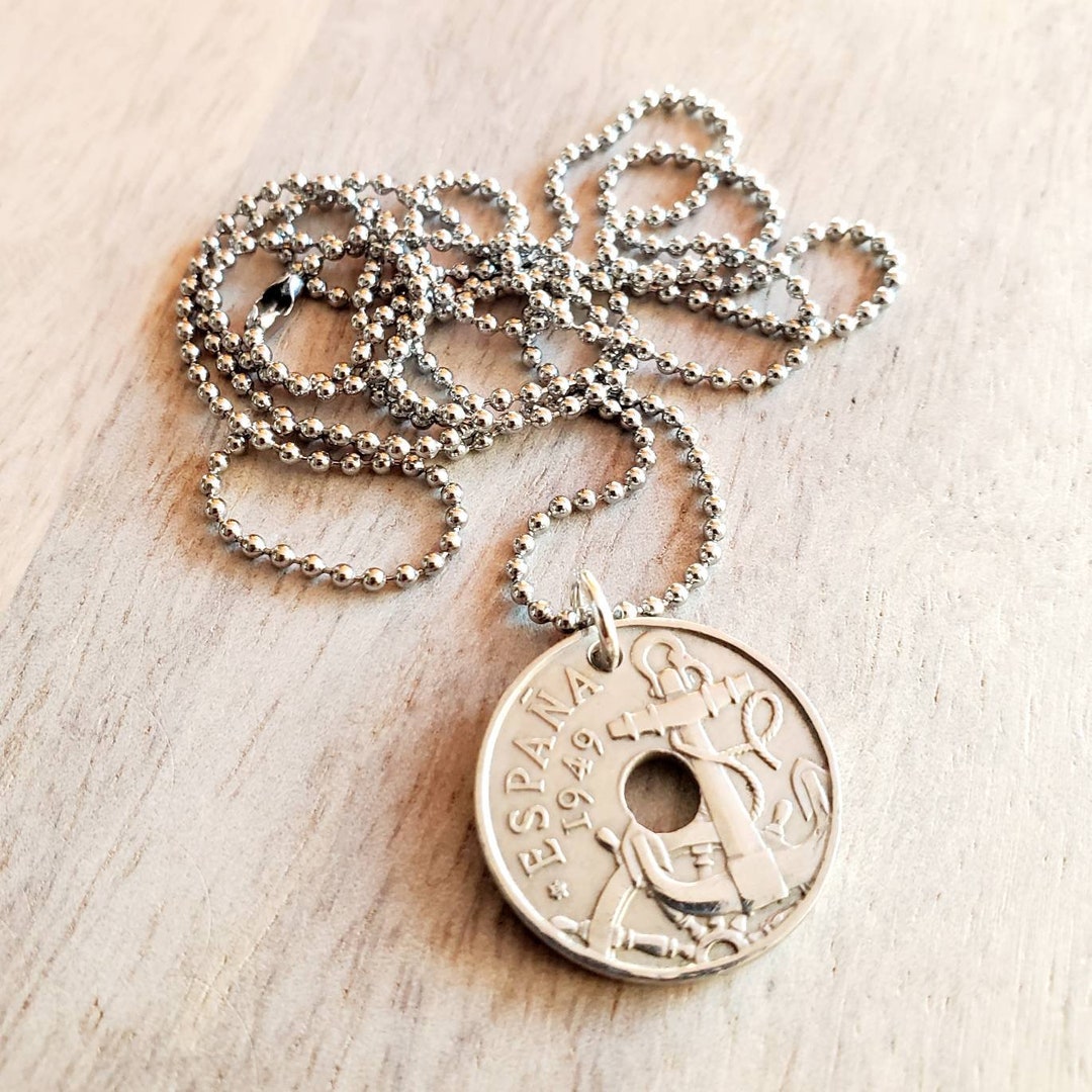 1949 Vintage Espana (spain) Anchor Coin Necklace, Stainless Steel 30 ...