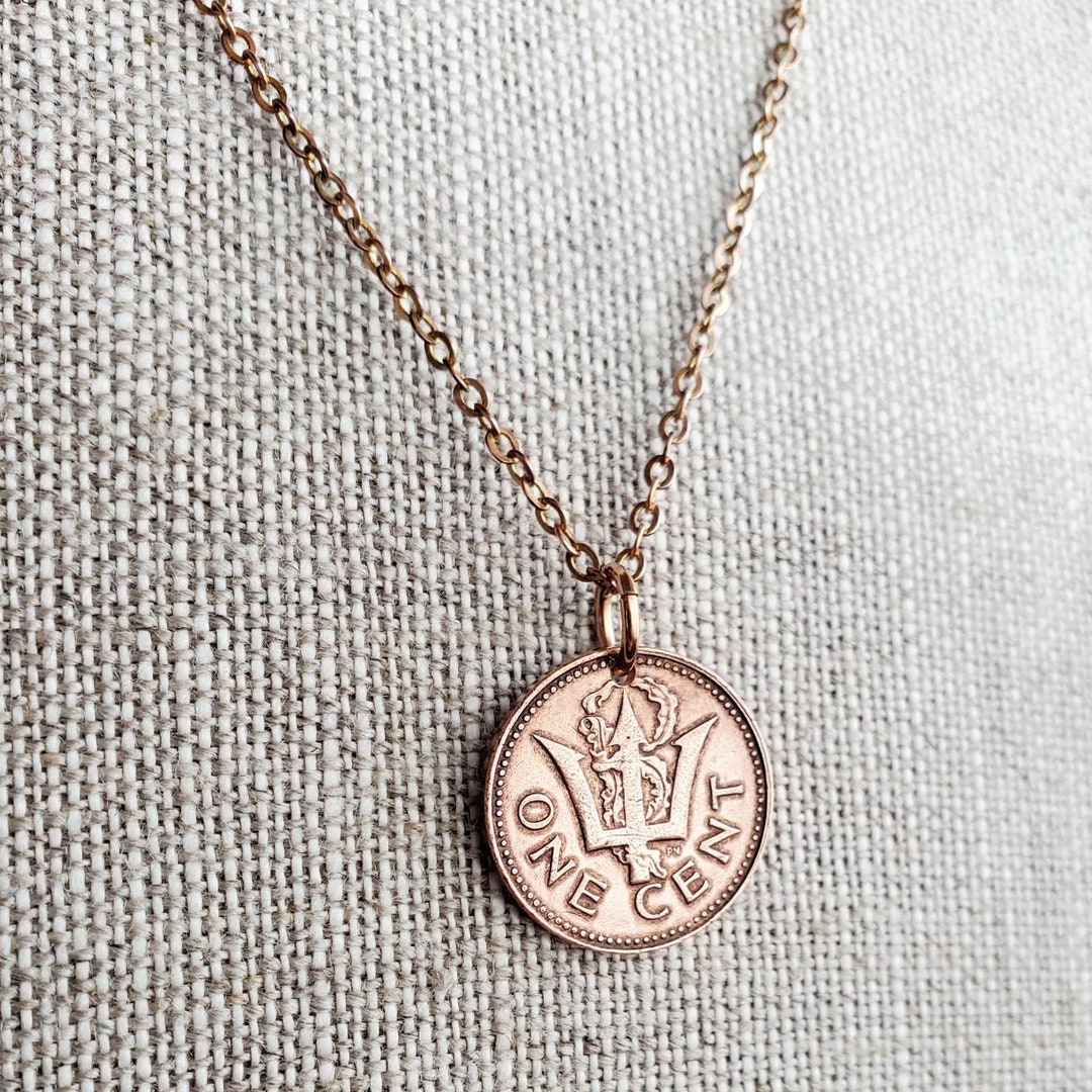 1973 Barbados Trident Coin Necklace, One Cent, Copper, Sea Life Crest ...