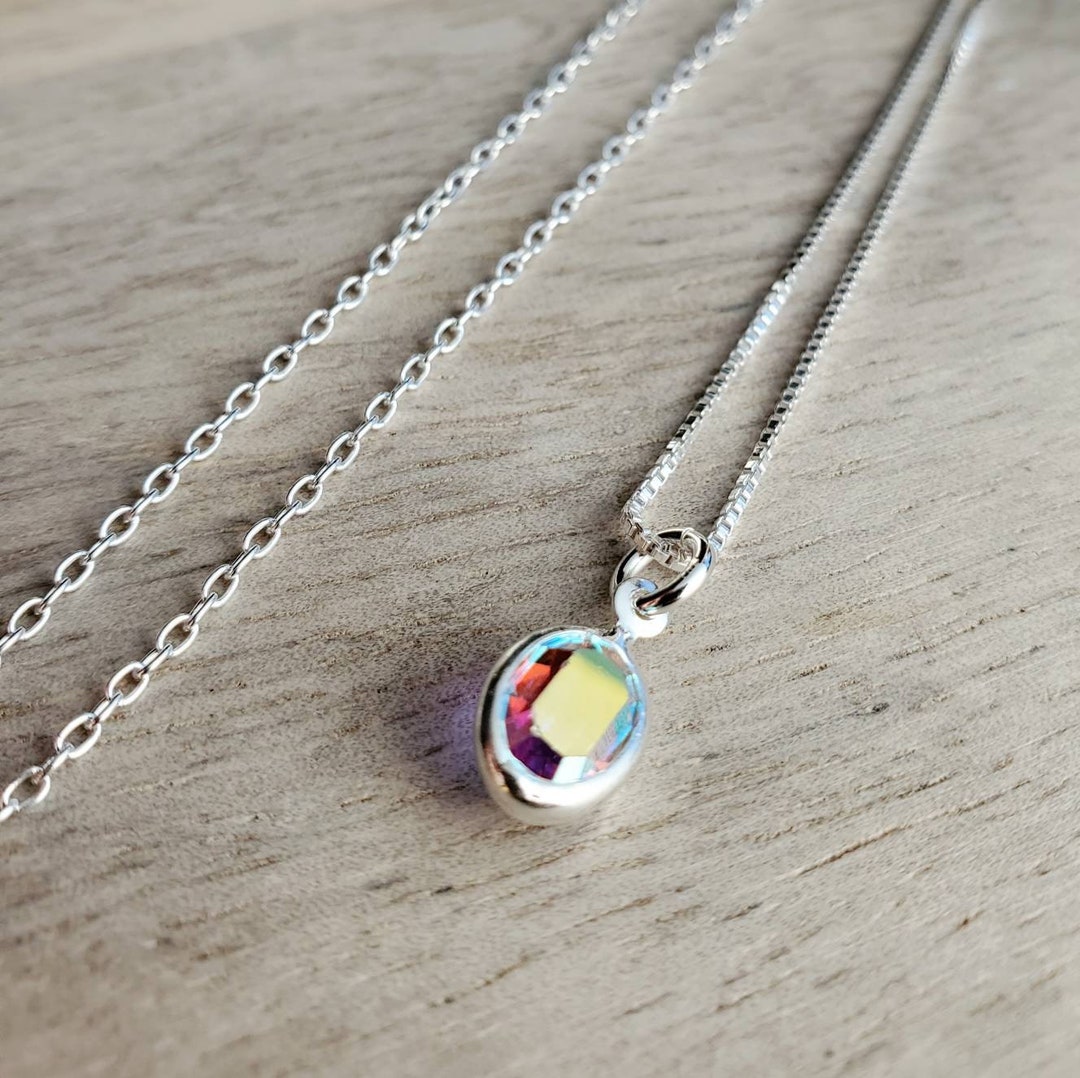 Iridescent Oval Bezel Set Crystal Necklace, .925 Sterling Silver Chain ...