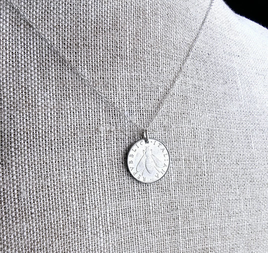 Italy Honey Bee Coin Necklace, 2 Lire, Olive Branch .925 Sterling ...