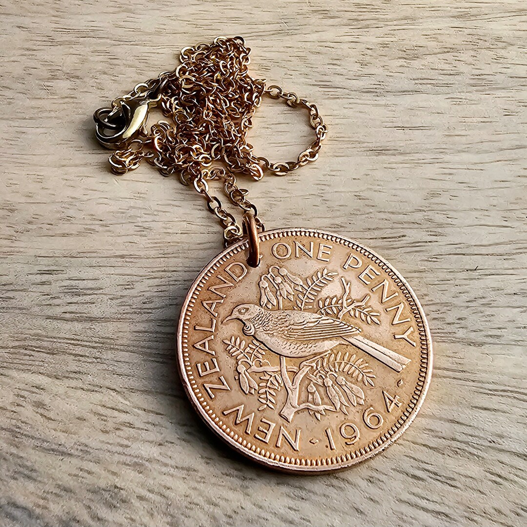 1964 New Zealand One Penny Bird Coin Necklace, One Penny, Large Old ...