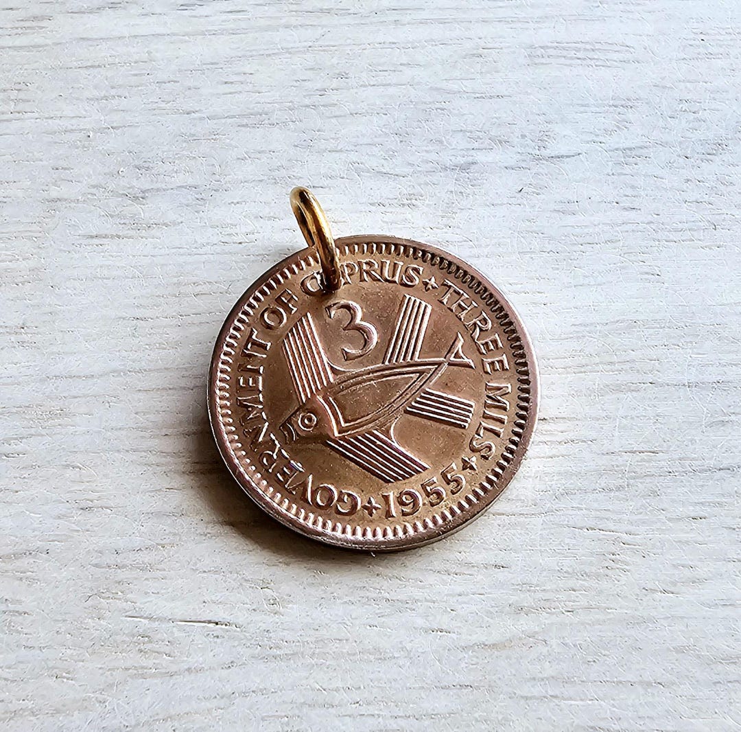 1955 Cyprus Vintage Fish Coin Charm, Add to Necklace, Bracelet, Keyring ...