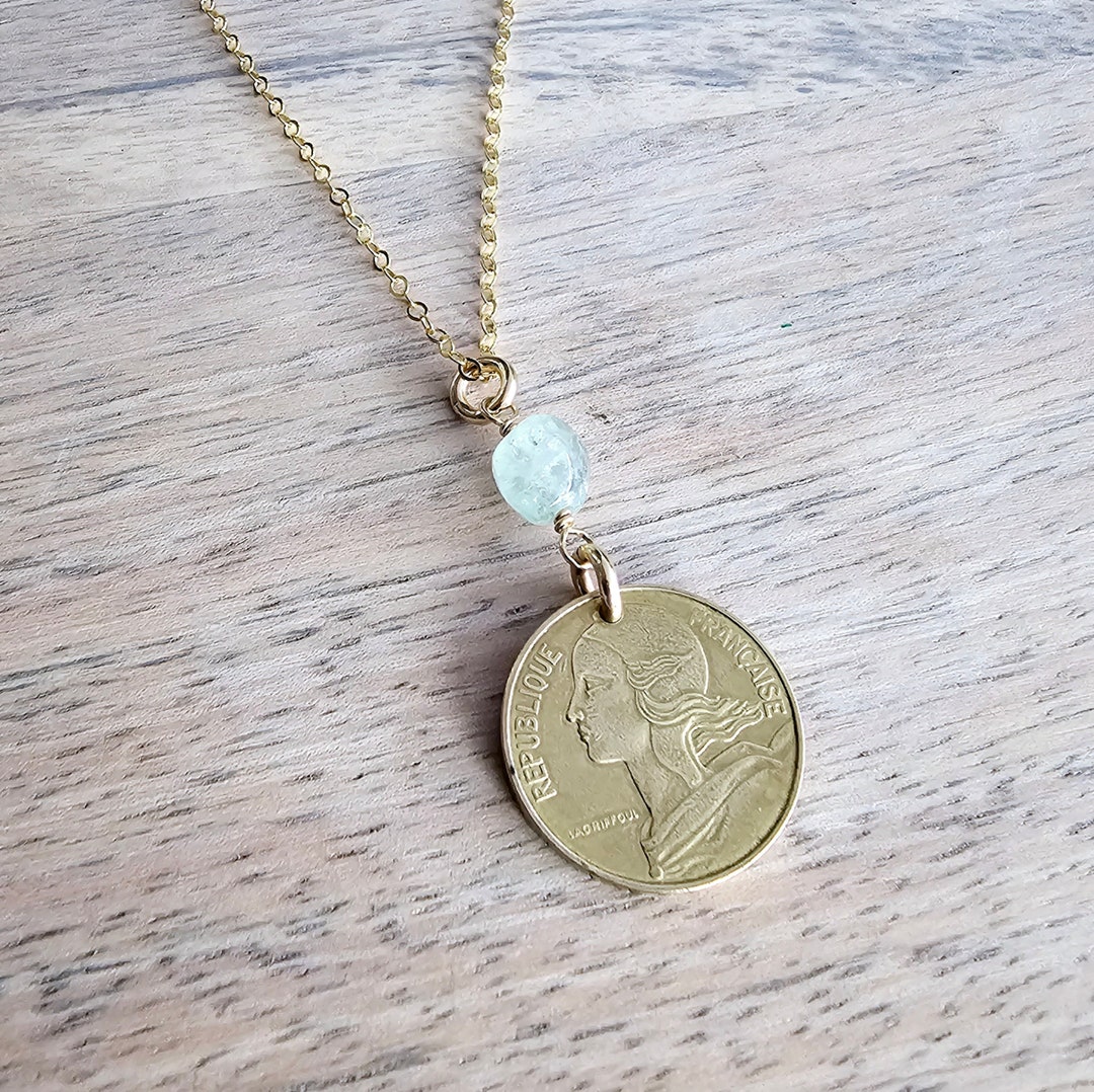 French Coin & Aquamarine Necklace, 14K Gold Filled Cable Chain ...