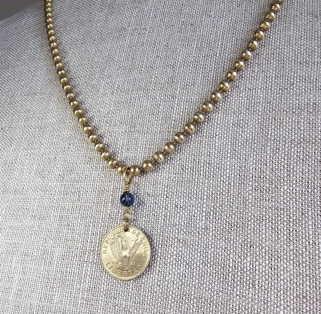 1990 Chile 10 Pesos Coin Necklace, Freed Angel, Blue Austrian Crystal ...