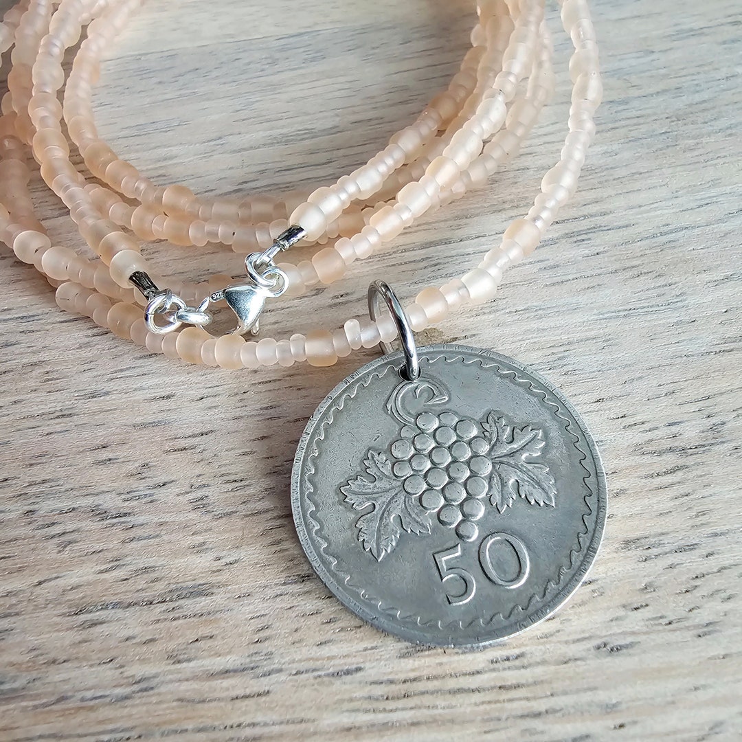 1976 Cyprus Grape Coin Necklace, Frosty Peach Glass Chain, Sterling ...