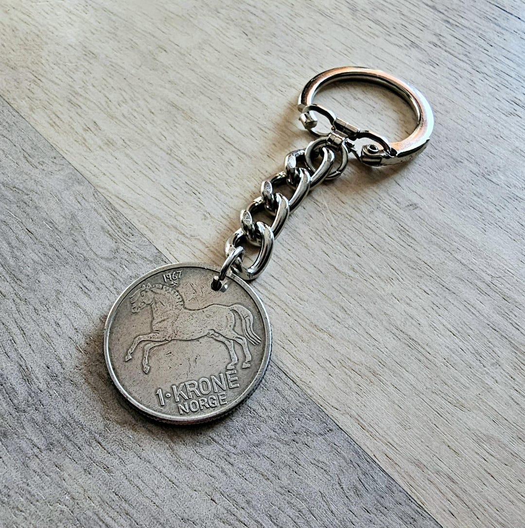Horse Keychain, Norway 1967 1 Krone Norge Coin, Silver Keyring ...