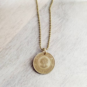 State of Bahrain Brass Palm Tree Coin Necklace, Ball Chain, Tropical ...