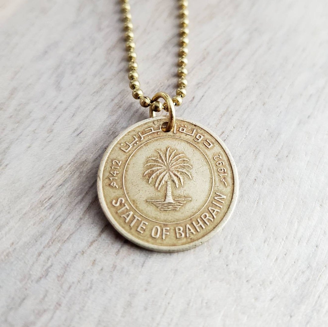 State of Bahrain Brass Palm Tree Coin Necklace, Ball Chain, Tropical ...