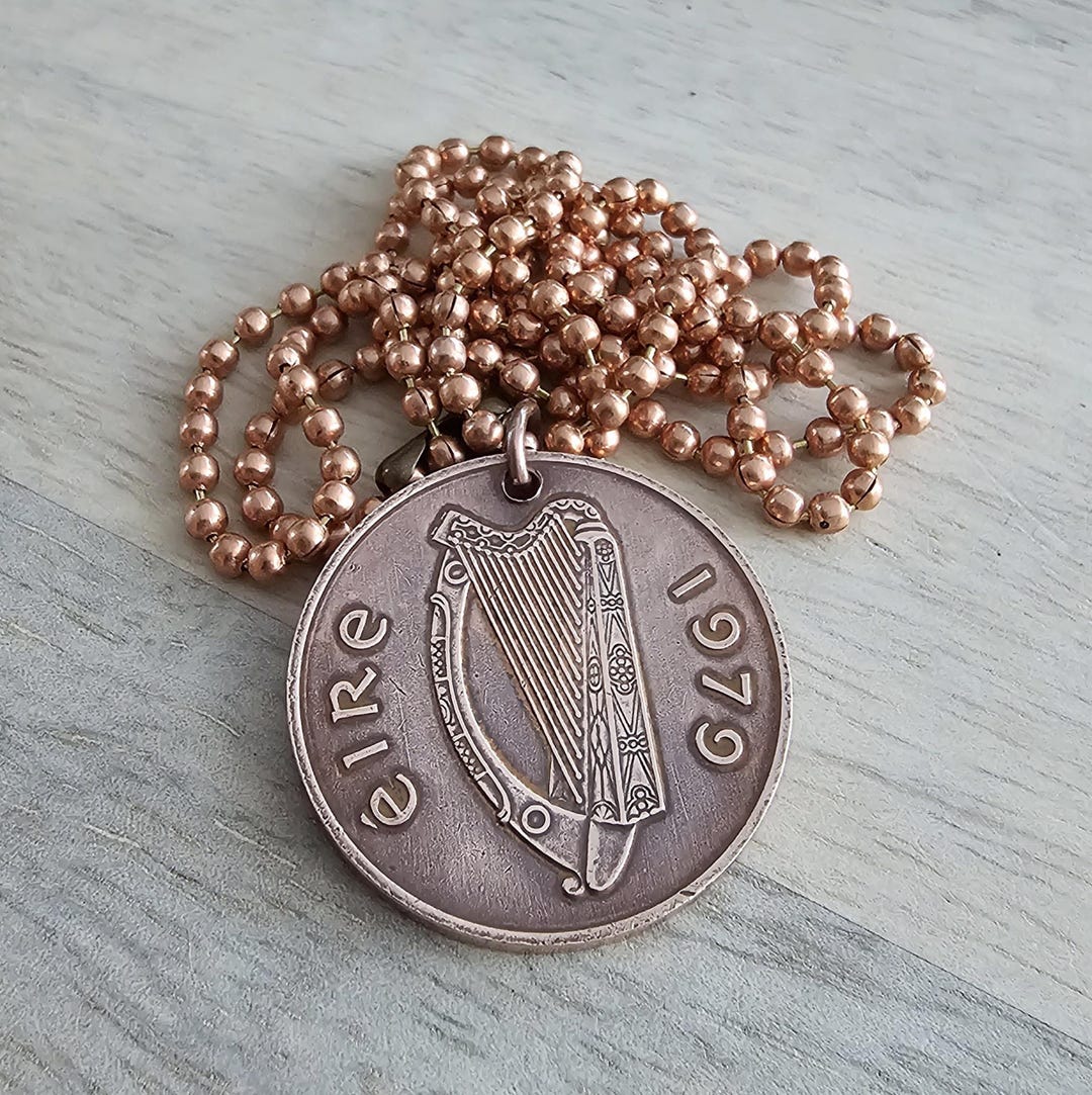 1979 Ireland 2P Copper Coin Necklace, Copper Ball Chain, Harp, Ornate ...
