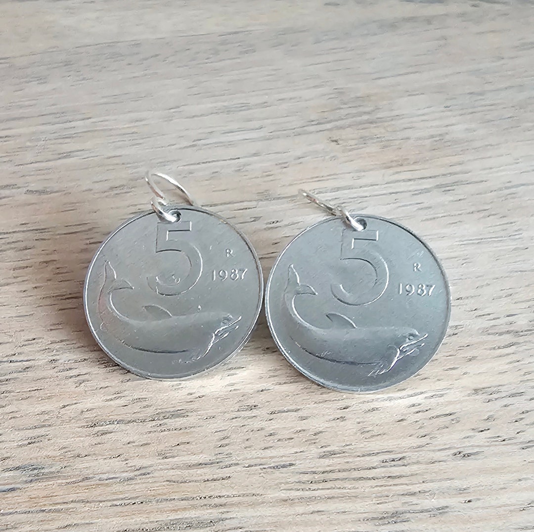 1987 Italy 5 Lira Dolphin Vintage Coin Earrings, .925 Sterling Silver ...