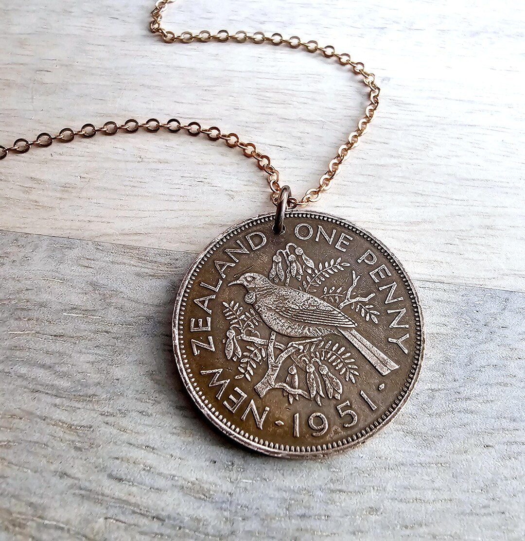 New Zealand One Penny Bird Coin Necklace, One Penny, Old Coin Birthday ...