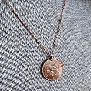 1964 New Zealand One Penny Bird Coin Necklace, One Penny, Large Old ...