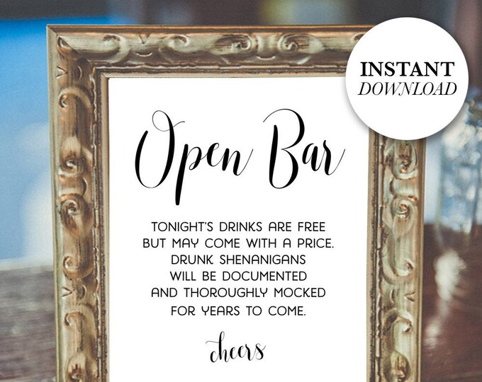 Open Bar Sign, Wedding Bar Signs, Printable Wedding Signs 8x10 Sign ...