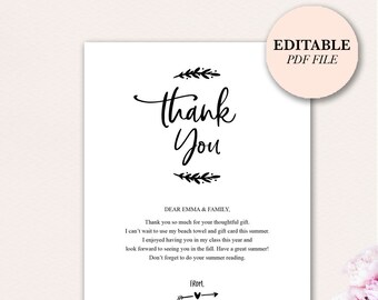 Editable Thank You Note Teachers Thank You Note Instant | Etsy