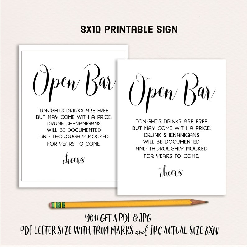 Open Bar Sign Wedding Bar Signs Printable Wedding Signs 8x10 - Etsy