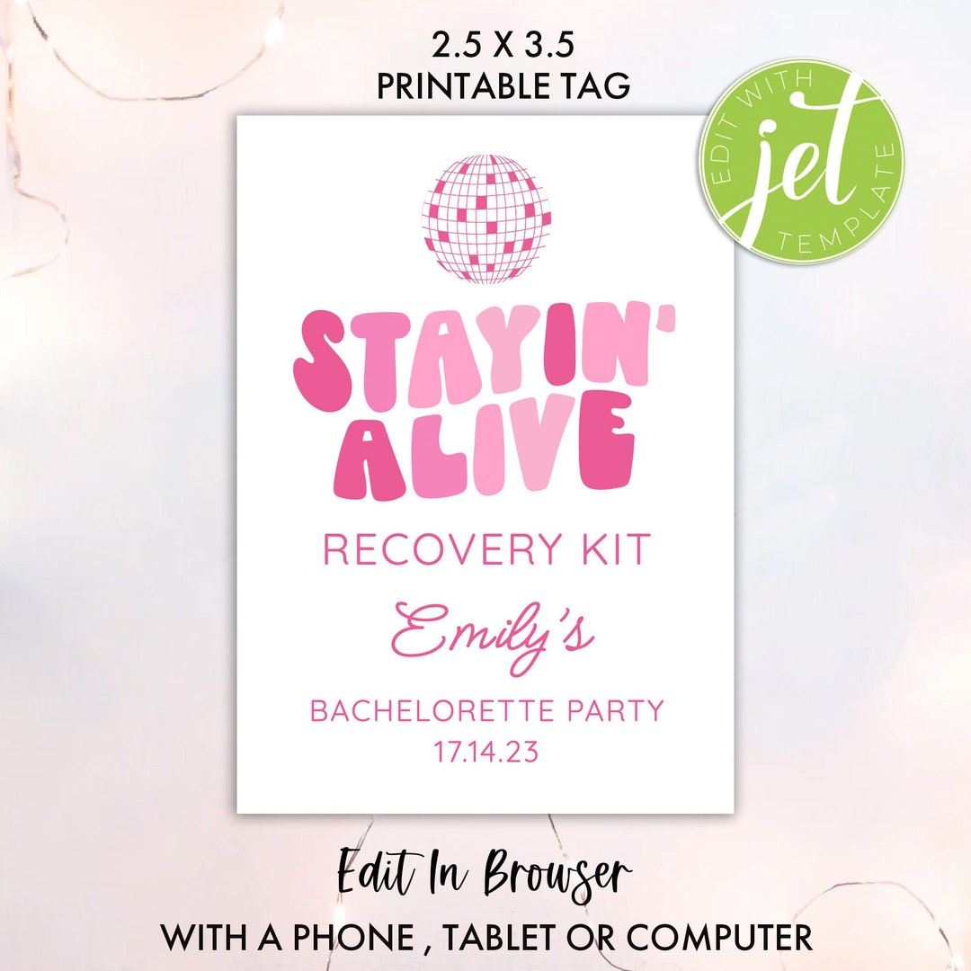 Staying Alive Recovery Kit, Editable Bachelorette Recovery Kit Tag ...