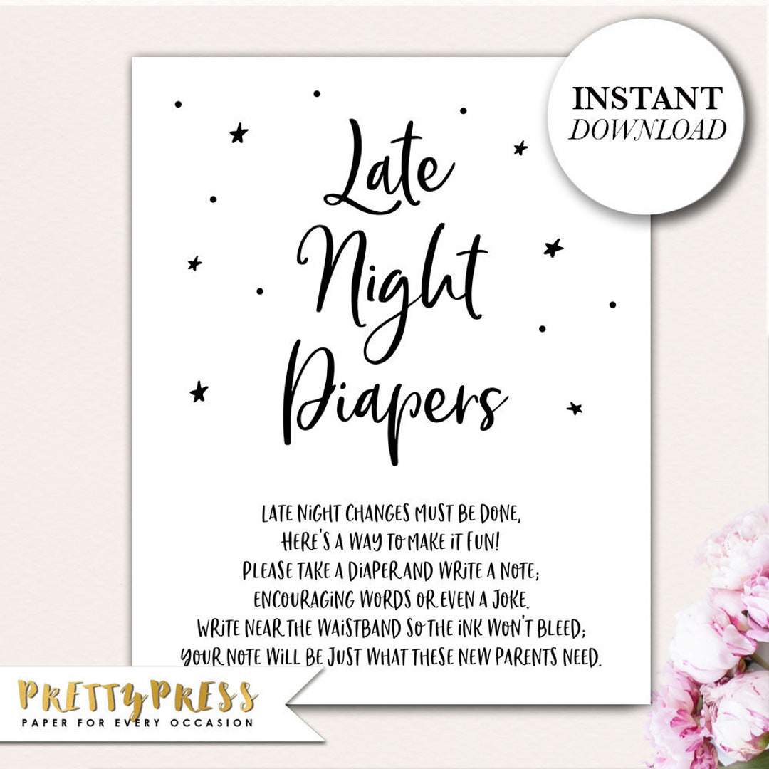 Late Night Diapers Sign, Printable Baby Shower Game (instant Download ...
