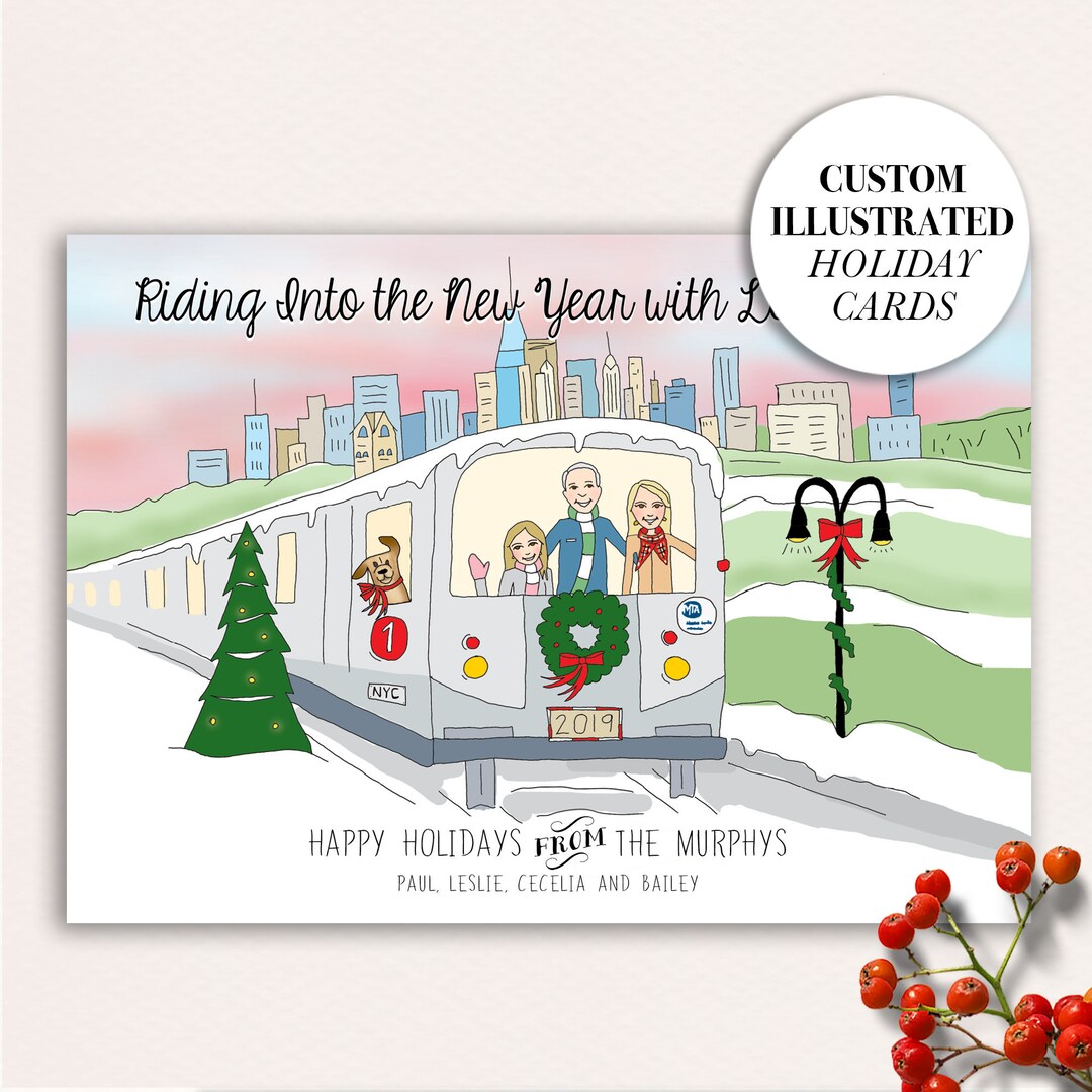 New Years Photo Card Custom Illustrated Portrait Family - Etsy