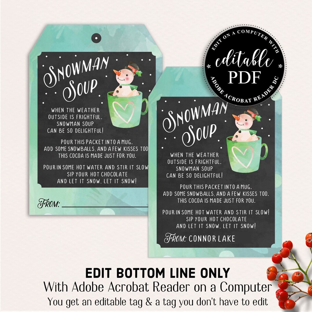 Snowman Soup, Printable Tags, Editable Tags, Holiday Hot Chocolate Gift ...
