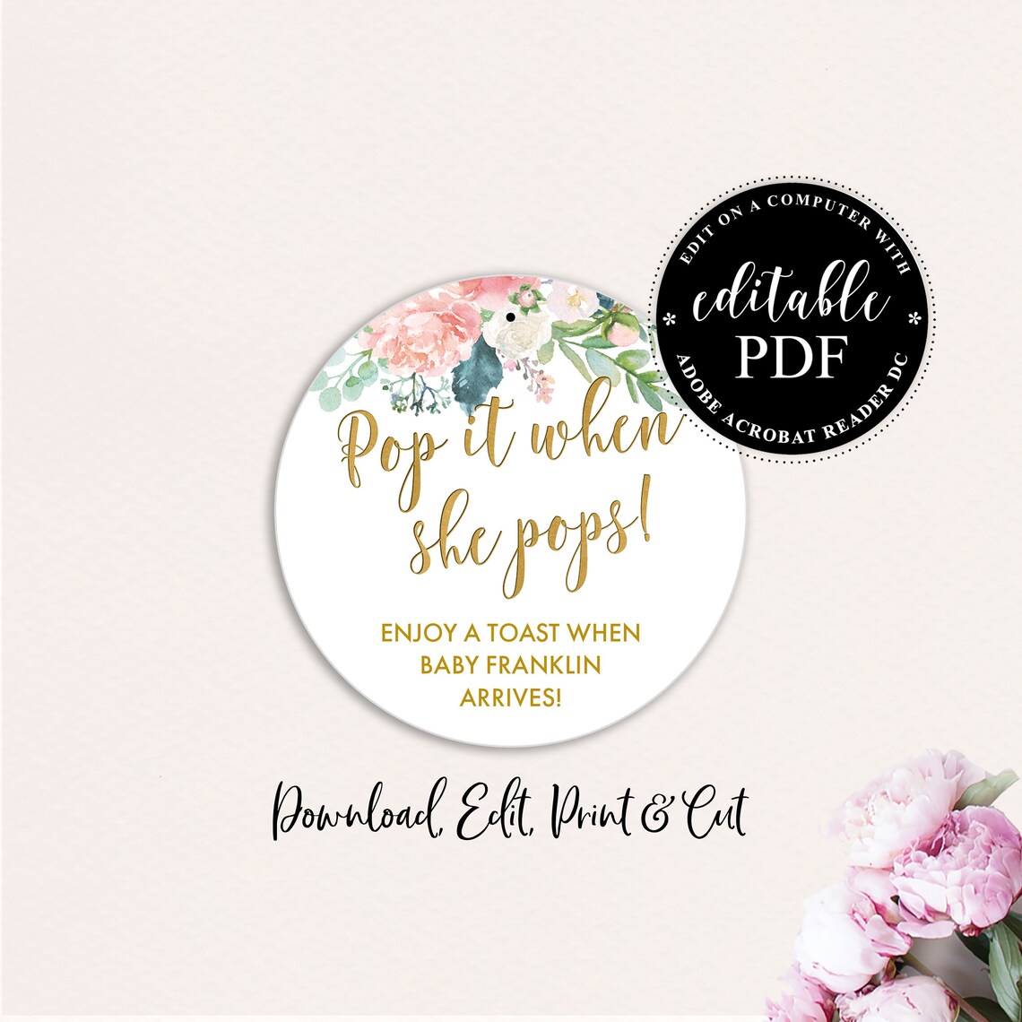 Pop When She Pops Tags, Floral Wine Bottle Tags, Pop It When She Pops ...