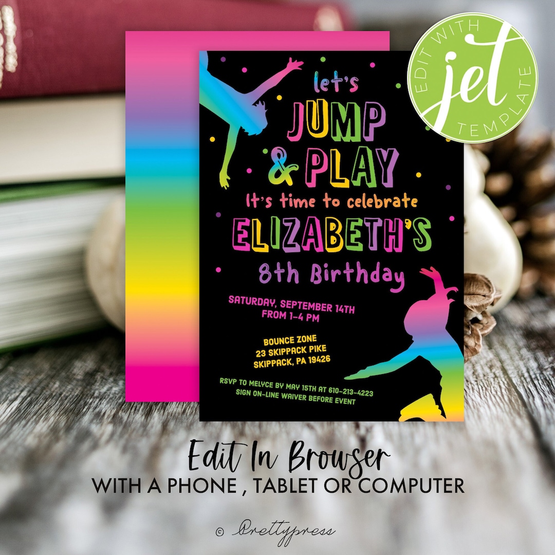Trampoline Party Invitations, Printable Bounce Party Invite, Girls ...