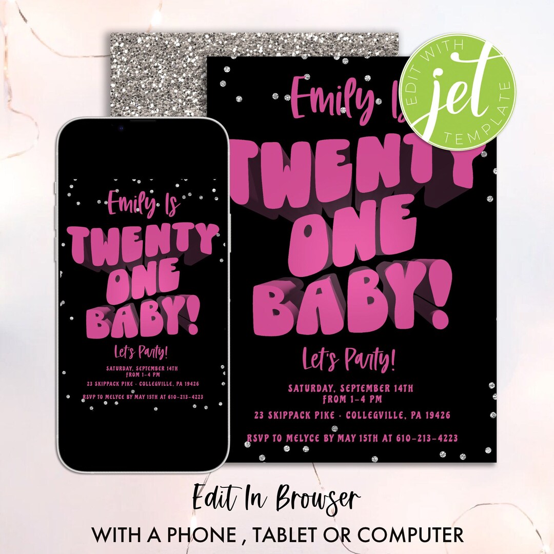 21st Birthday Invitation, Editable Twenty First Birthday Invite, Retro ...